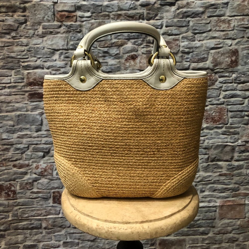 Coach Raffia Straw And White Leather Bag With Flower … - Gem